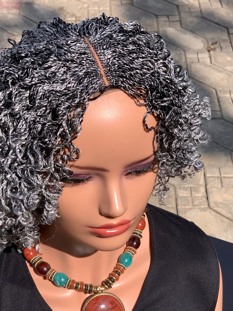 Grey Braided Bob Wig: Curly Ends, Salt and Pepper, Glueless - Etsy