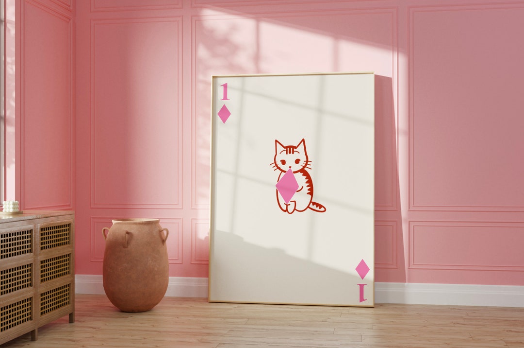 CAT PLAYING CARD 1 of Diamonds Pink and Red, Digital Download Print ...