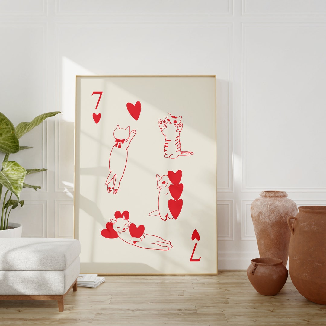 RED & CREAM Cat Playing Card Print, Digital Download Print, Wall Decor ...