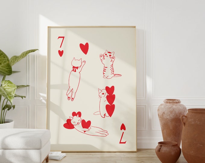 RED & CREAM Cat Playing Card Print Digital Download Print - Etsy