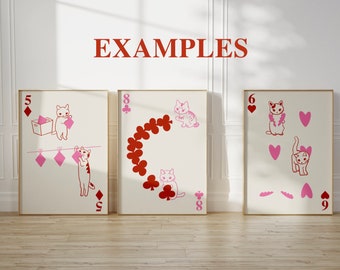 RED & CREAM Cat Playing Card Print, Digital Download Print, Wall Decor ...