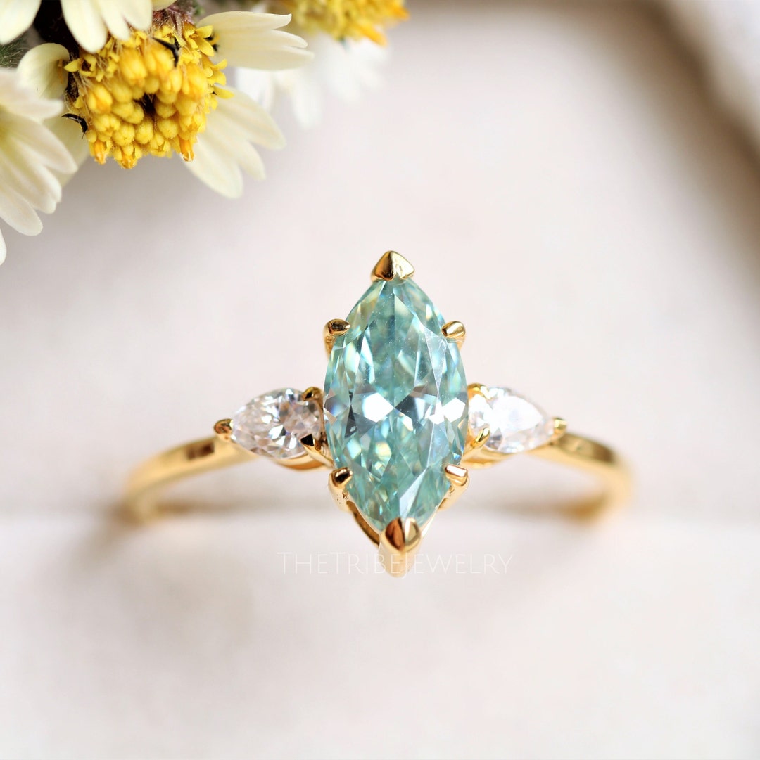 Cyan Blue Moissanite Engagement Ring, Vintage Marquise Cut Three Stone ...