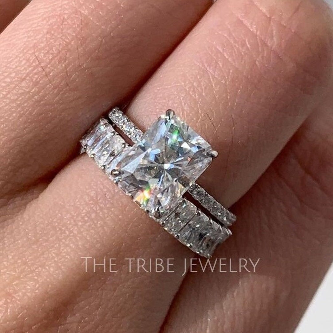 2 CT Radiant Cut Moissanite Engagement Ring Set: Half Eternity Wedding ...