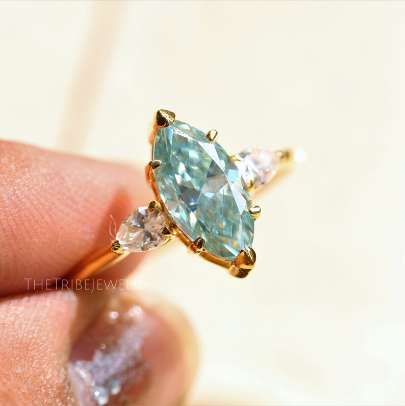 Cyan Blue Moissanite Engagement Ring, Vintage Marquise Cut Three Stone ...