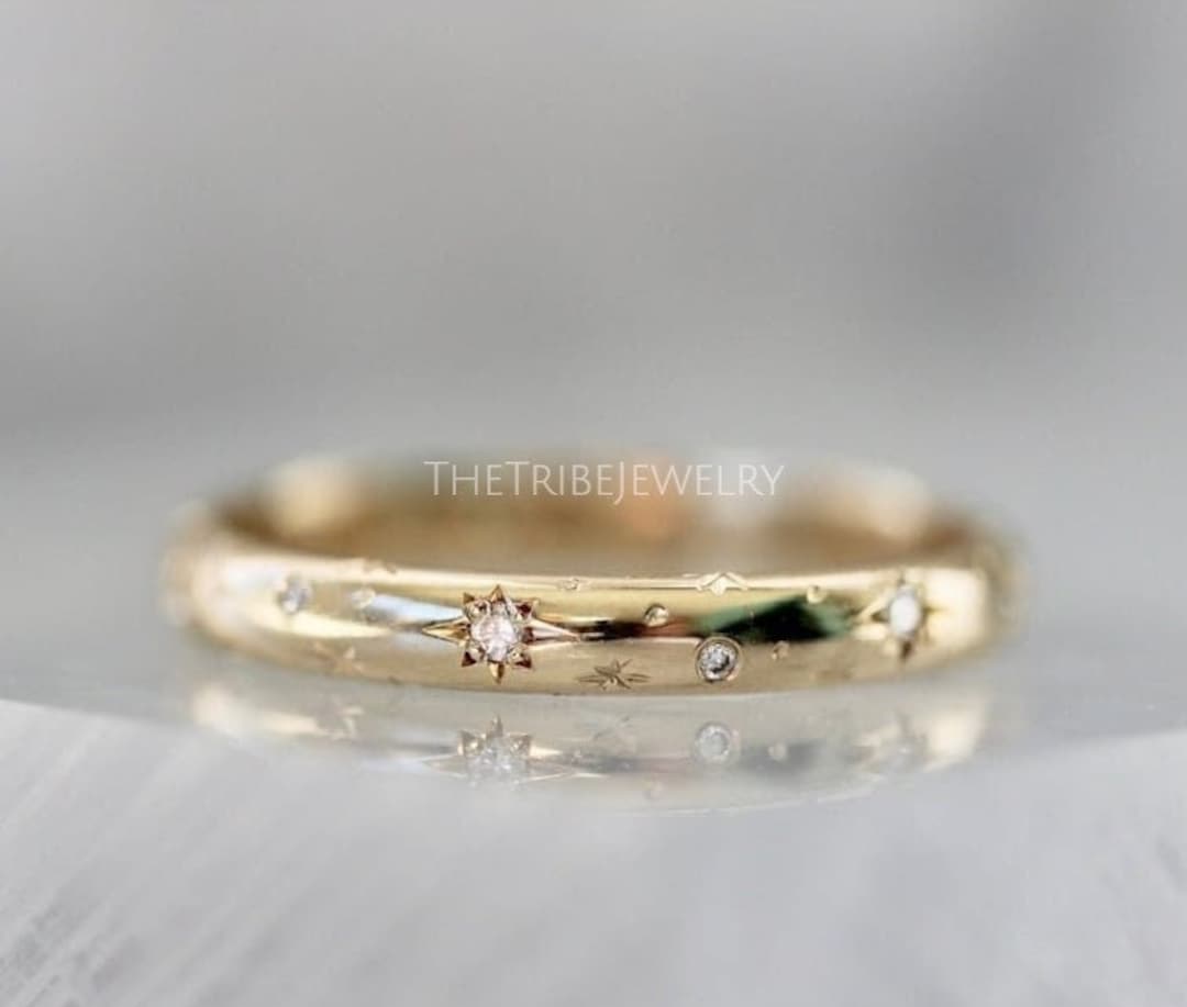 Vintage Star Band, Star Engraved Ring, Celestial Wedding Band, 14k ...