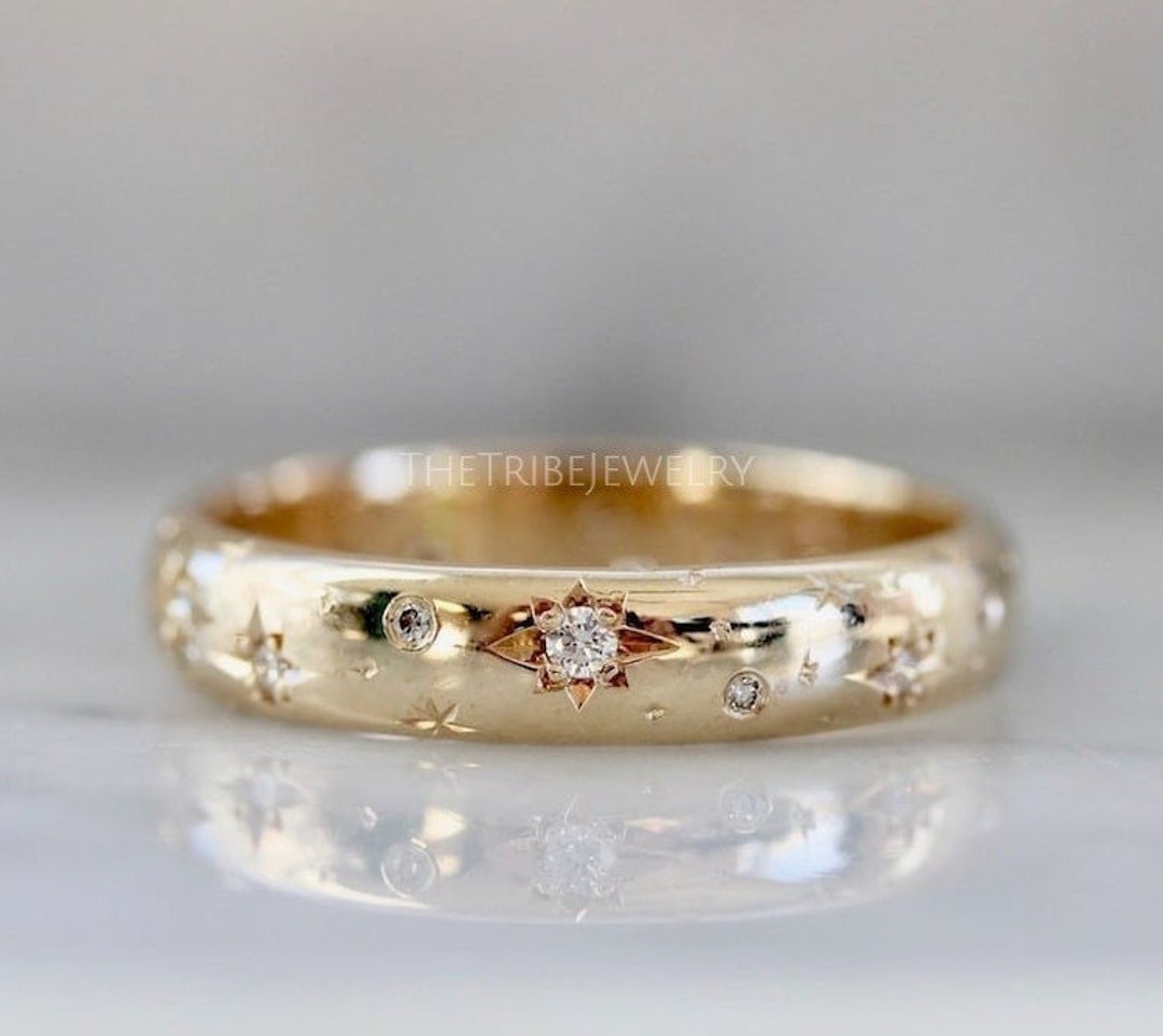 14k Gold Star Wedding Band Star Diamond Ring Stars Engraved Bridal Band ...