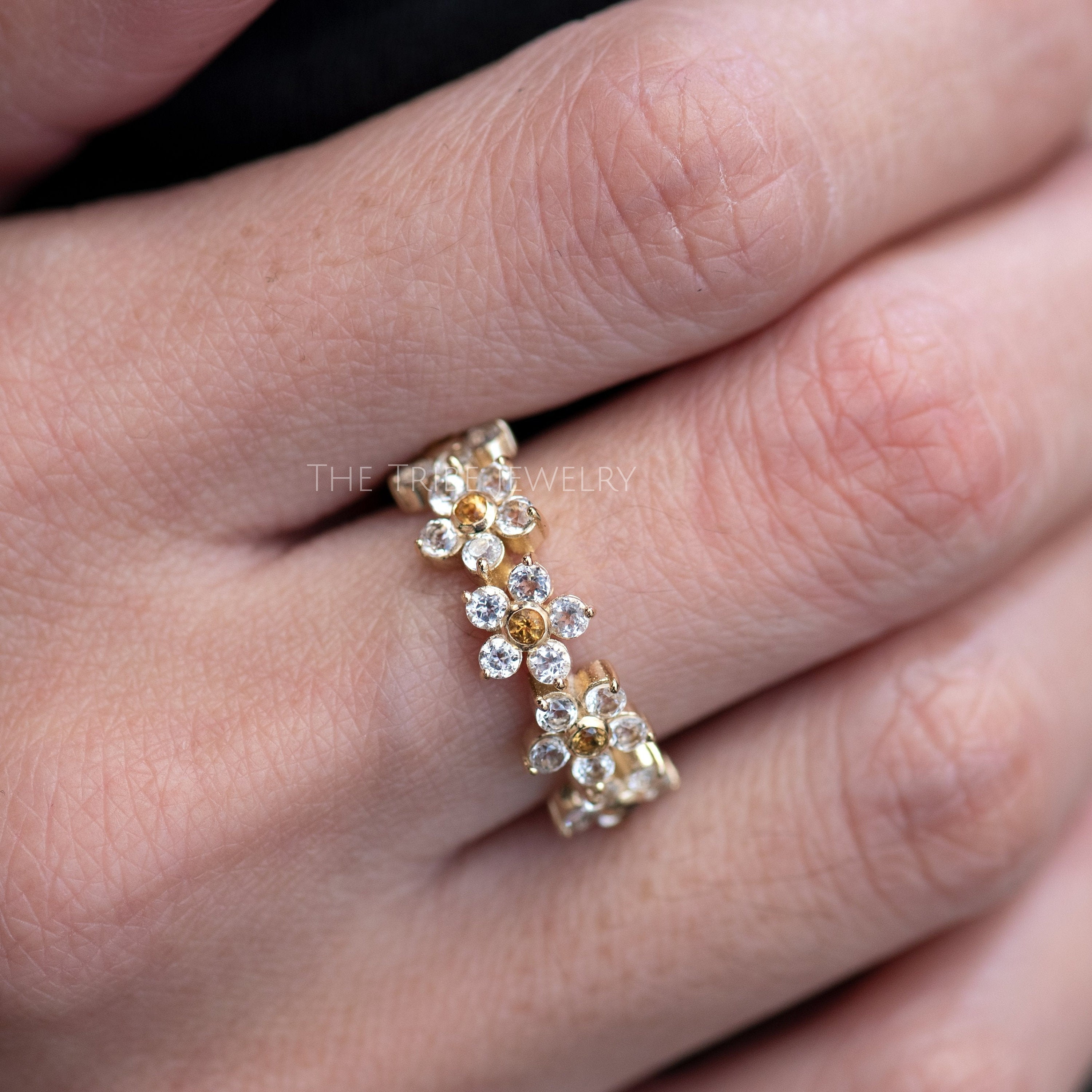 14k Gold Diamond Flower Ring for Her, Floral Unique Wedding Band, Daisy ...