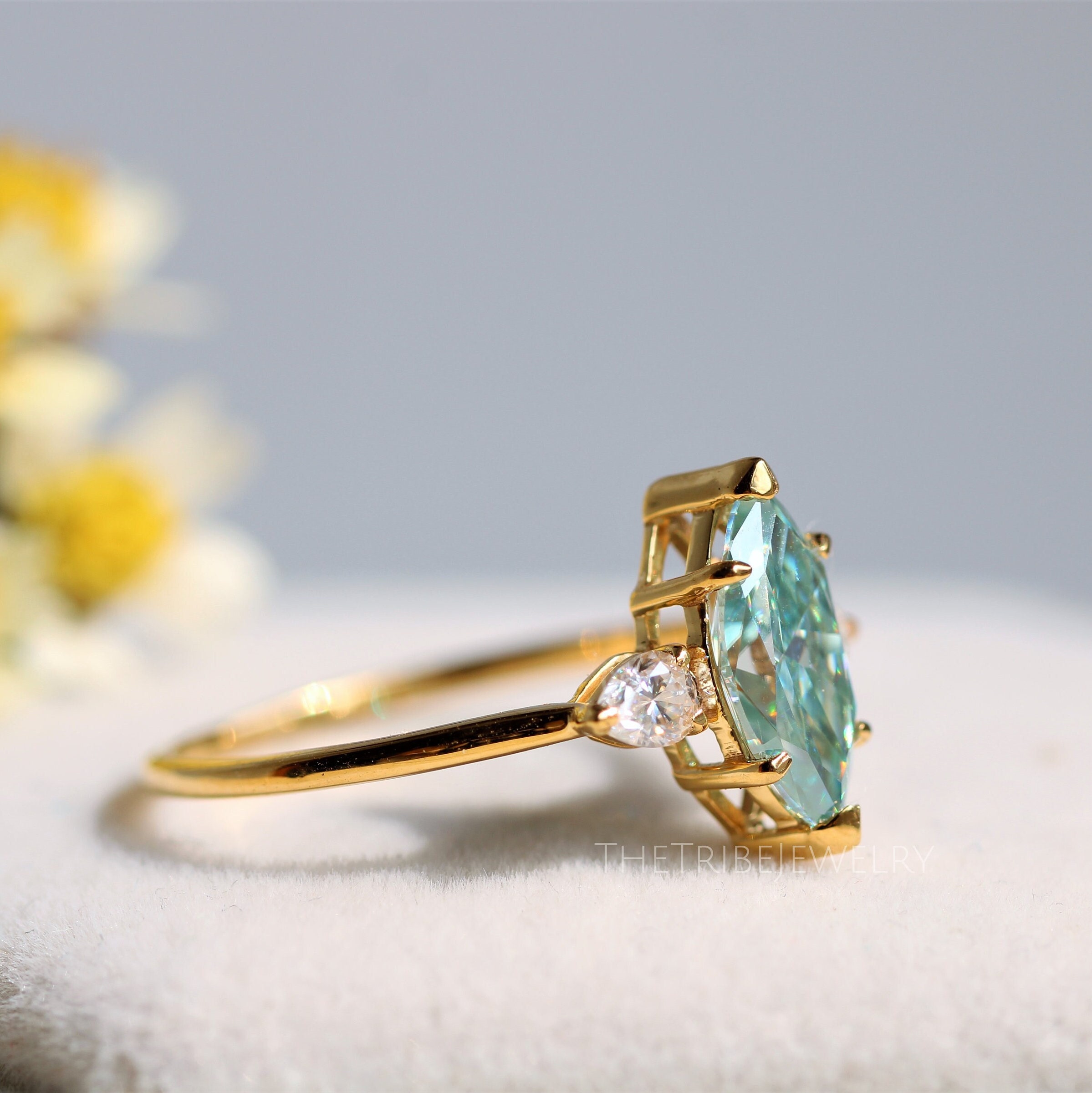 Cyan Blue Moissanite Engagement Ring, Vintage Marquise Cut Three Stone ...