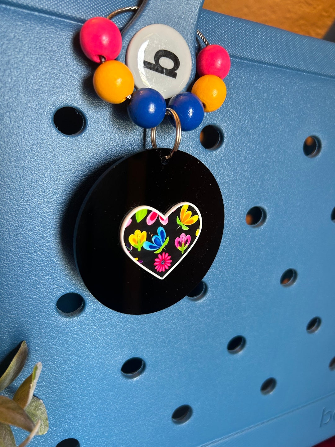 Heart With Flower Black Bogg Bag Charm Keychain With Beads - Etsy