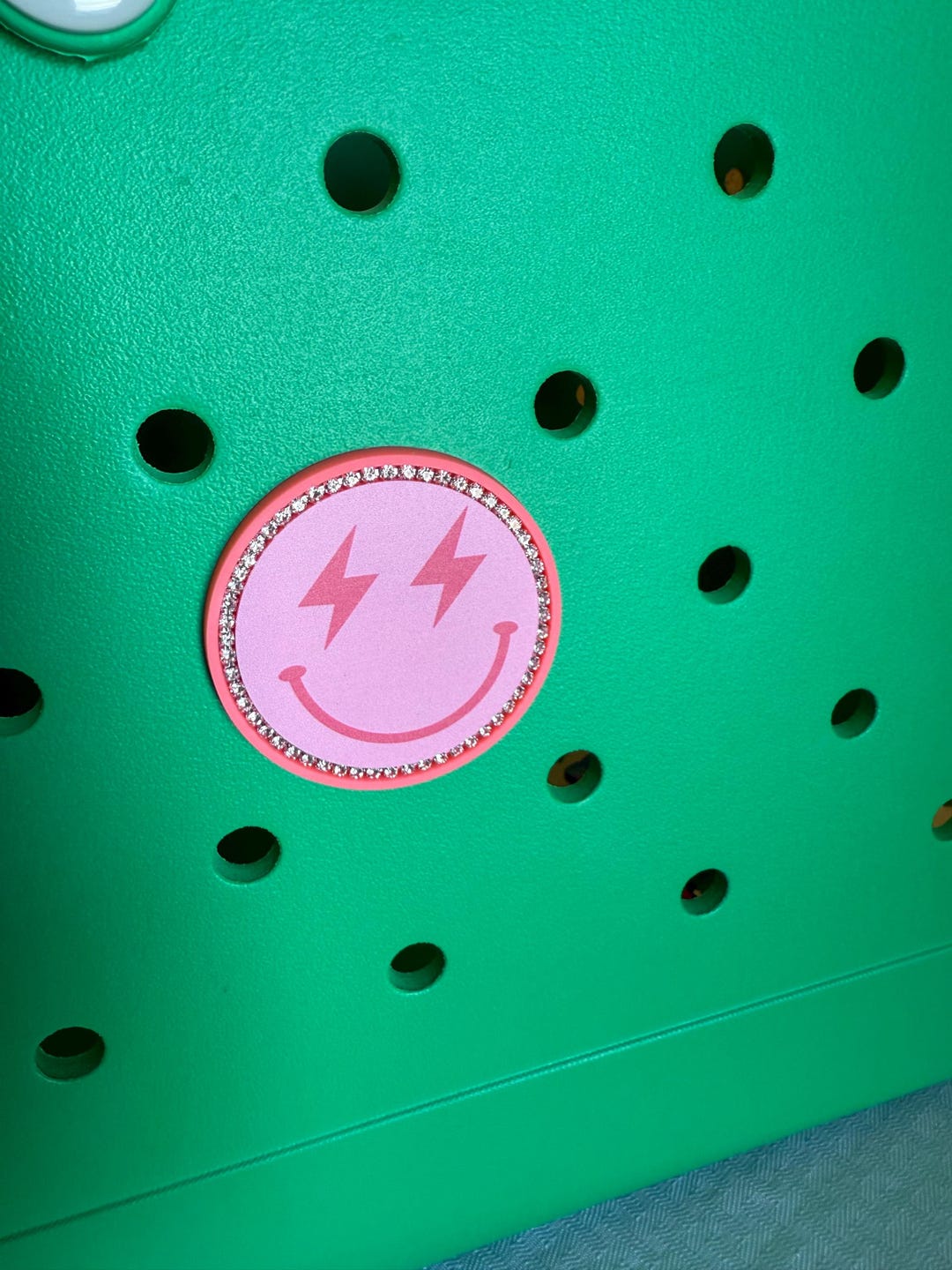 Pink Bling Smiley Face With Lightening Bolt Eyes Bogg Bag Button Charm ...