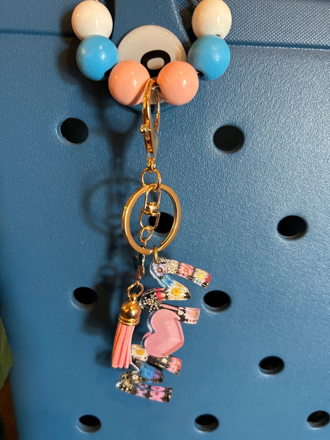 MOM With Flowers Bogg Bag Charm Keychain With Beads and Tassel - Etsy