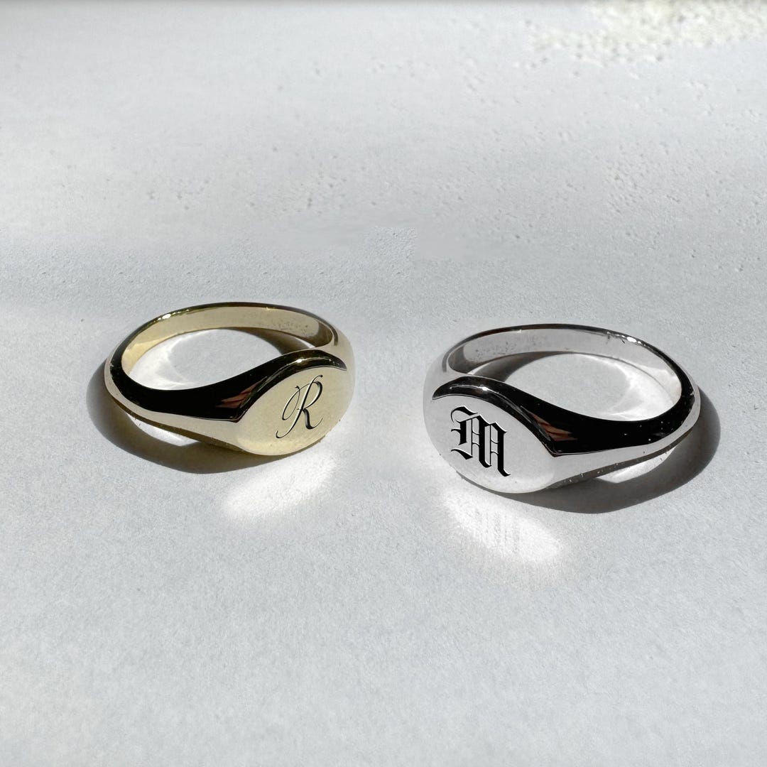 14k Gold/white Gold Initial Signet Ring Personalized Monogram Ring ...