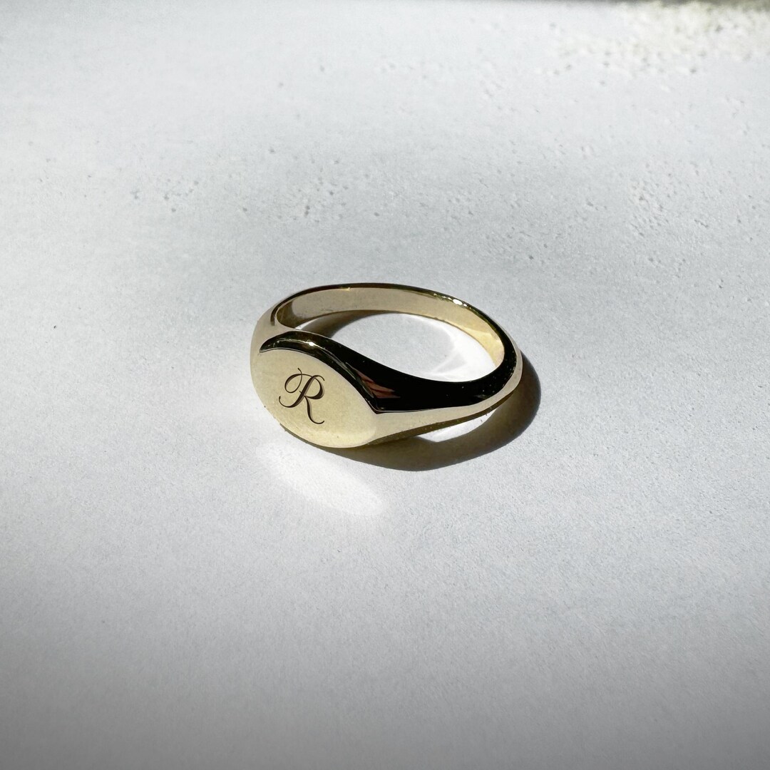 14k Gold Initial Signet Ring Personalized Monogram Ring Laser Engraved Signet Ring Custom ...