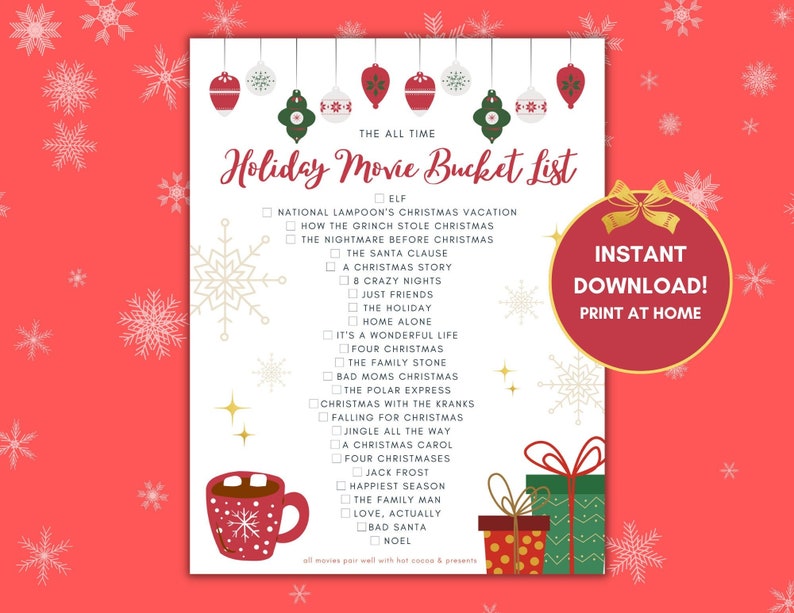 Holiday Movie Bucket List Printable Activity for Family Kids Adults ...