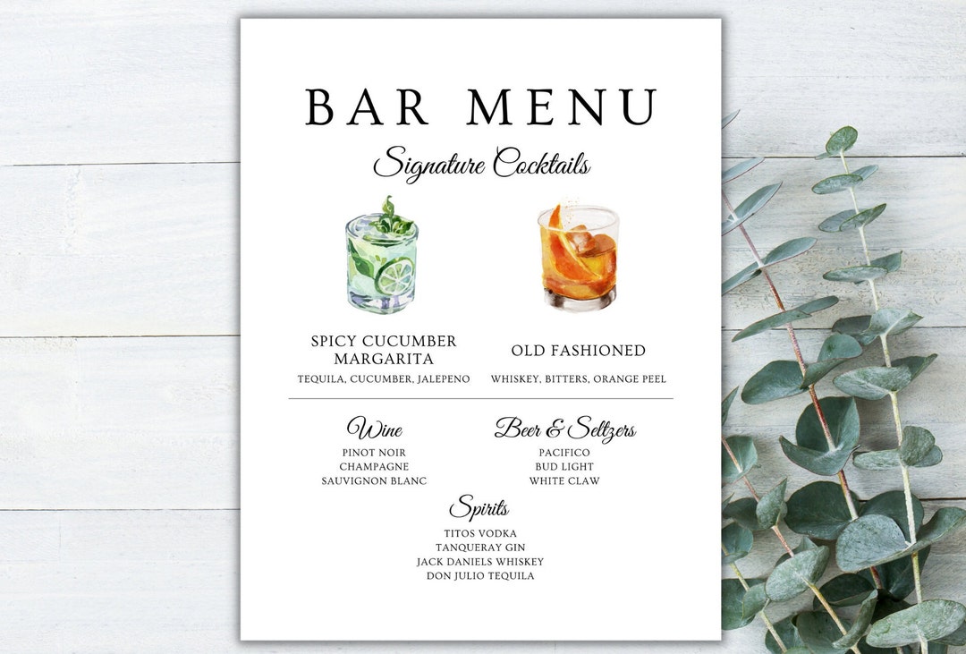 Wedding Bar Menu Template, Printable Ceremony, Bar Menu, Instant ...