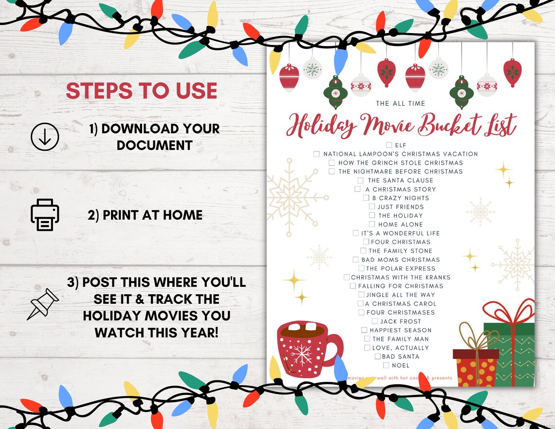 Holiday Movie Bucket List Printable Activity for Family Kids Adults ...