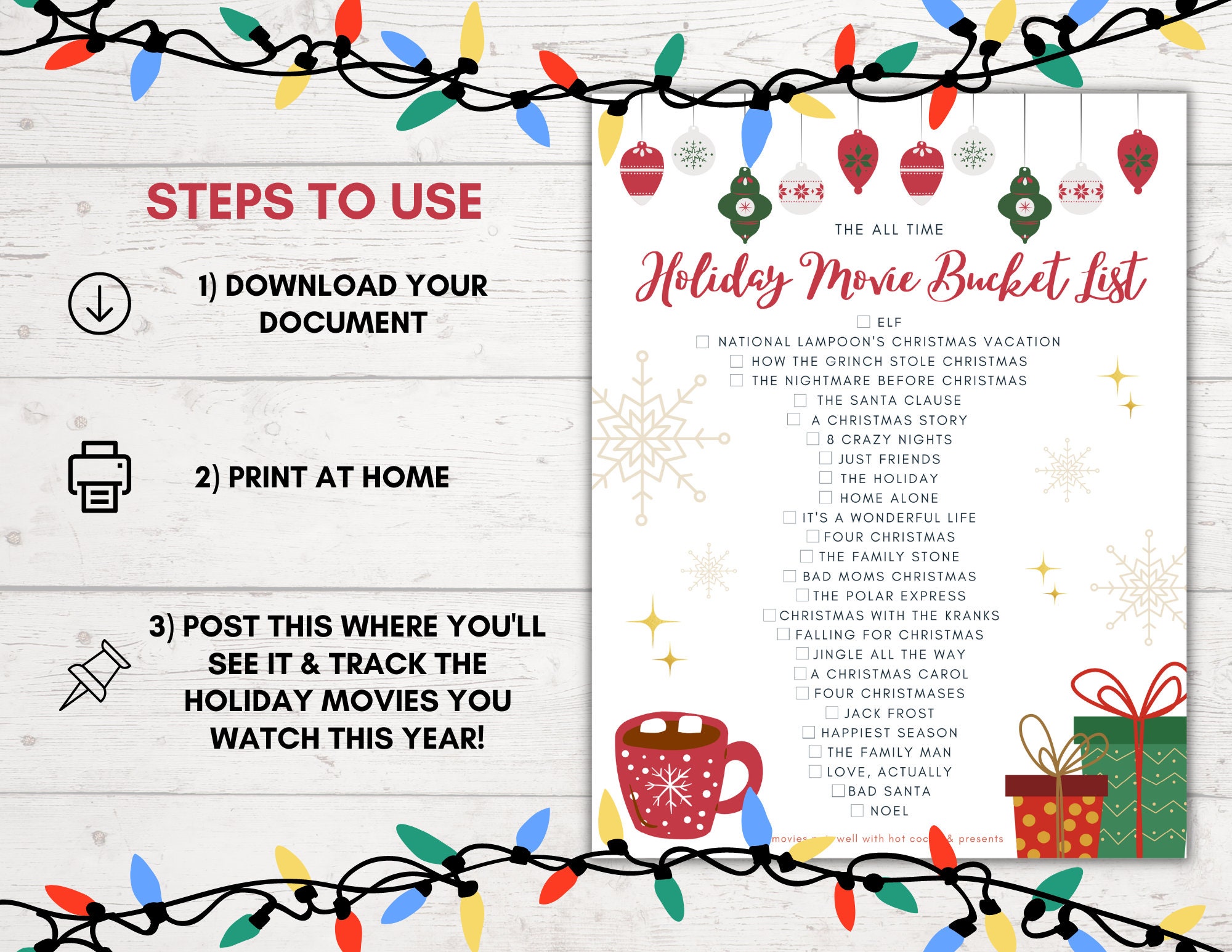 Holiday Movie Bucket List Printable Activity for Family Kids Adults ...