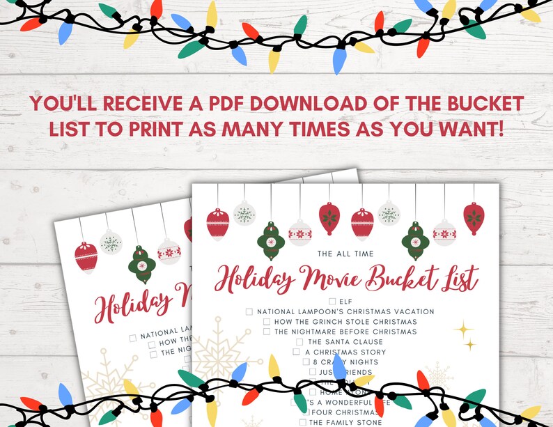 Holiday Movie Bucket List Printable Activity for Family Kids Adults ...