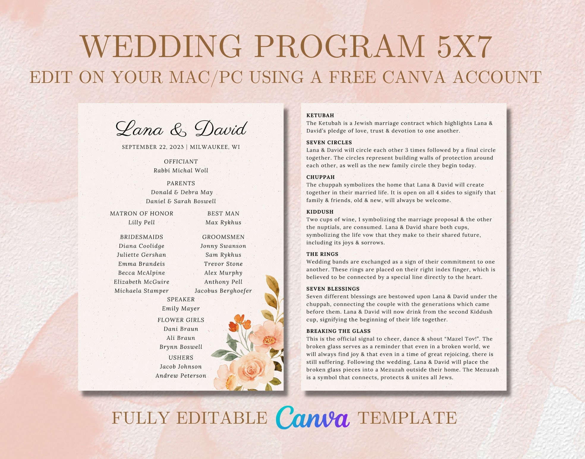 Jewish Wedding Program Template, Jewish Explanations, Judaica Floral ...