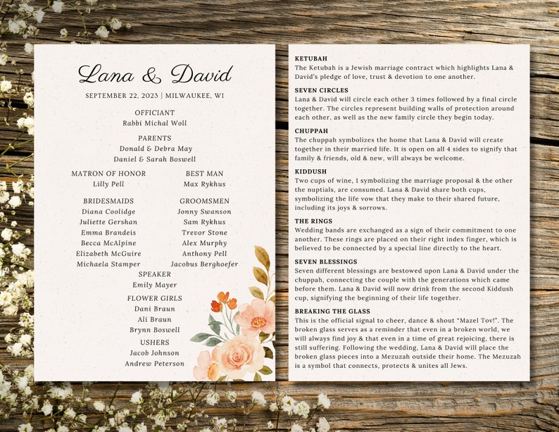 Jewish Wedding Program Template, Jewish Explanations, Judaica Floral ...