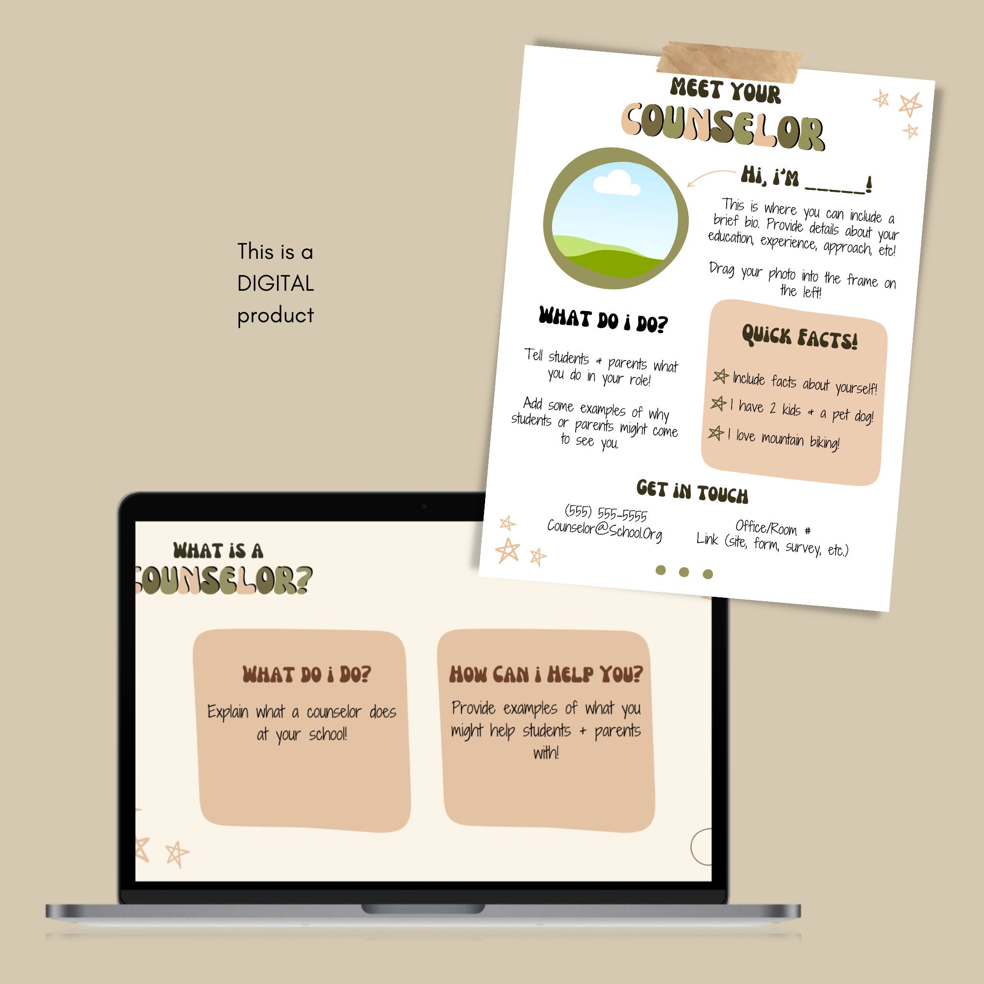 Meet Your Counselor: Flyer & Slideshow Templates Canva Editable Boho ...