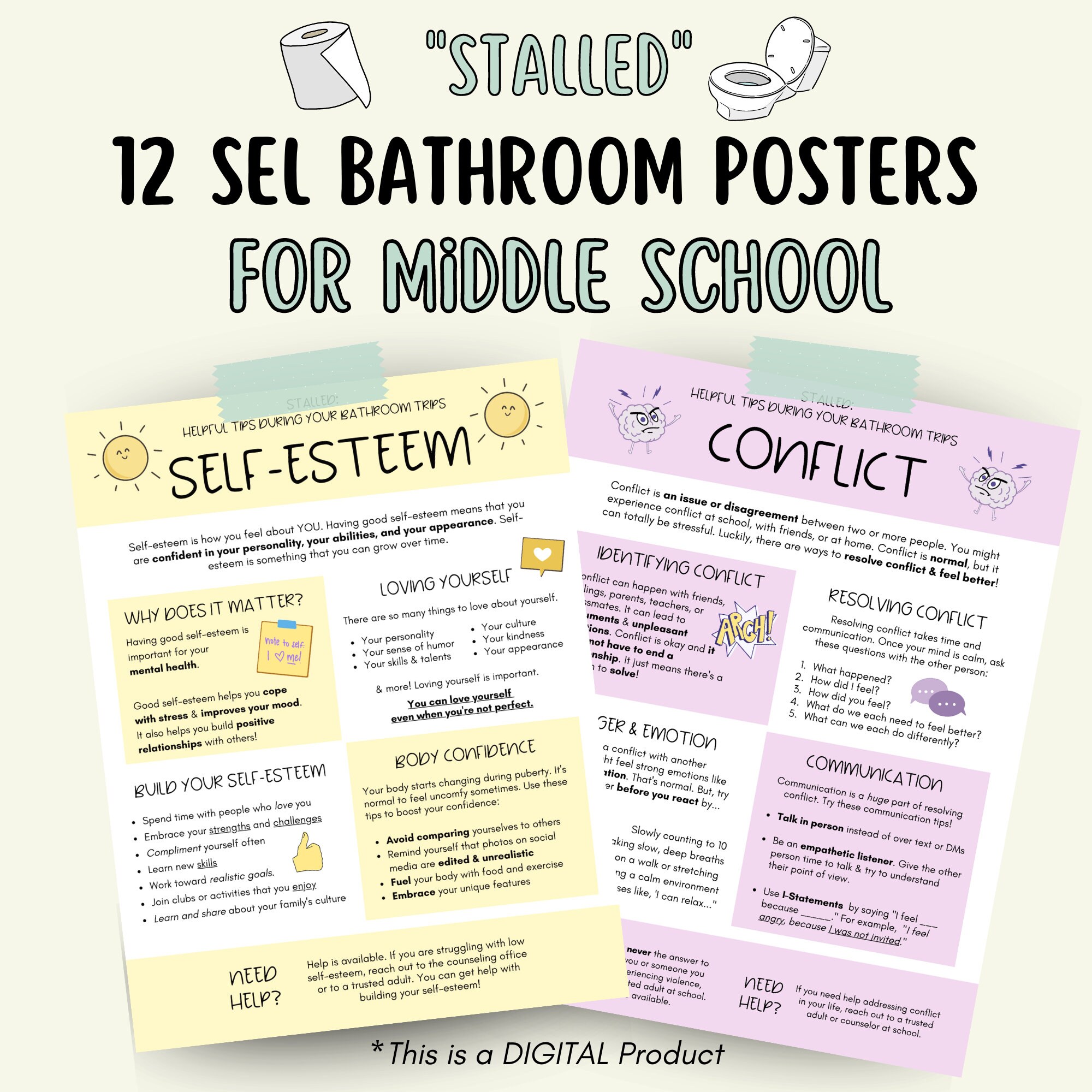 12 Bathroom Posters for Middle School STALLED SERIES SEL Counseling - Etsy