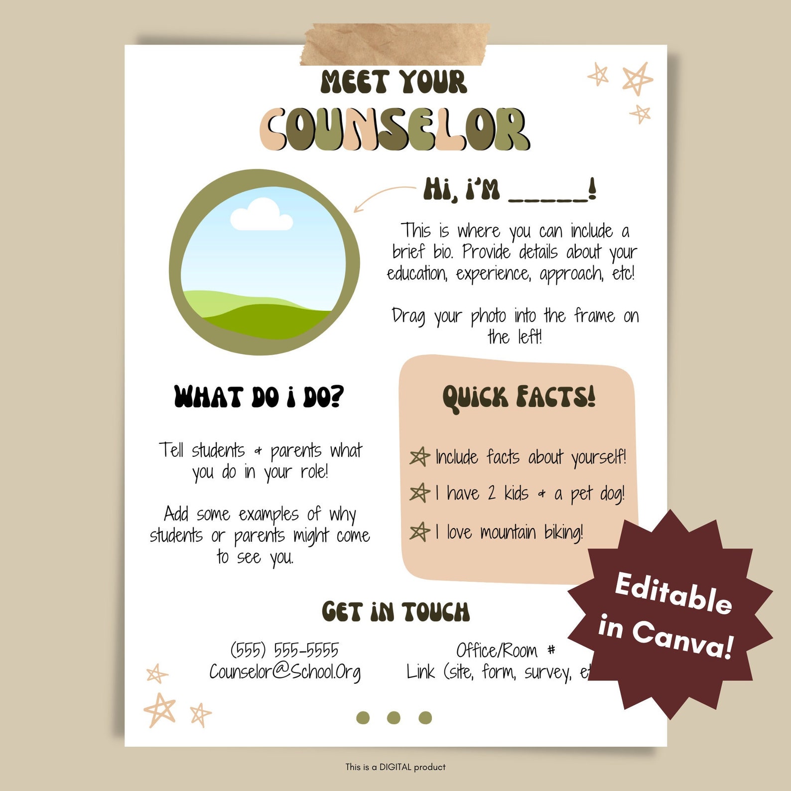 Meet Your Counselor: Flyer & Slideshow Templates Canva Editable Boho ...