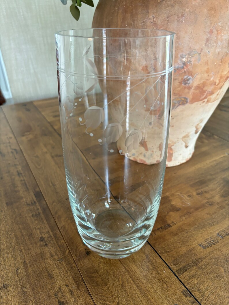 Vintage Crystal Clear Floral Etched Vase - Etsy