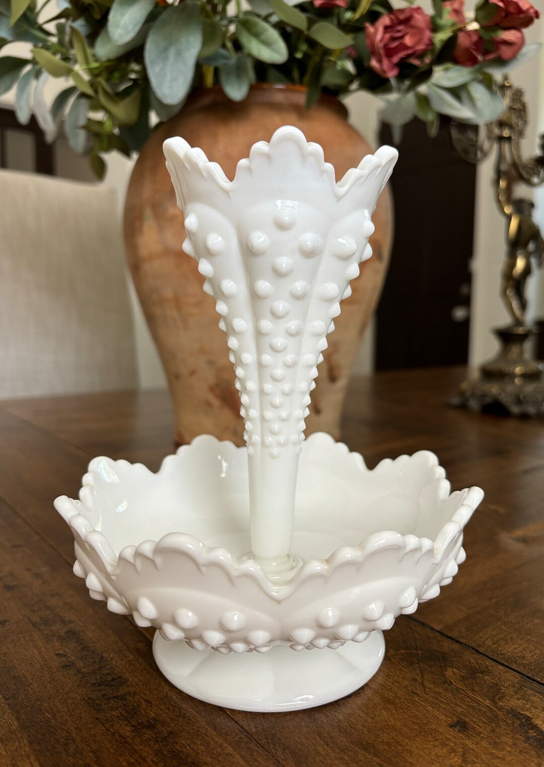 Vintage Fenton Hobnail Milk Glass Epergne 2pcs Set - Etsy