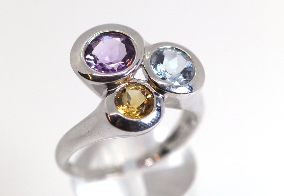 KNJ 925 Sterling Design Ring, Three Stone: Aquamarine, Citrine ...