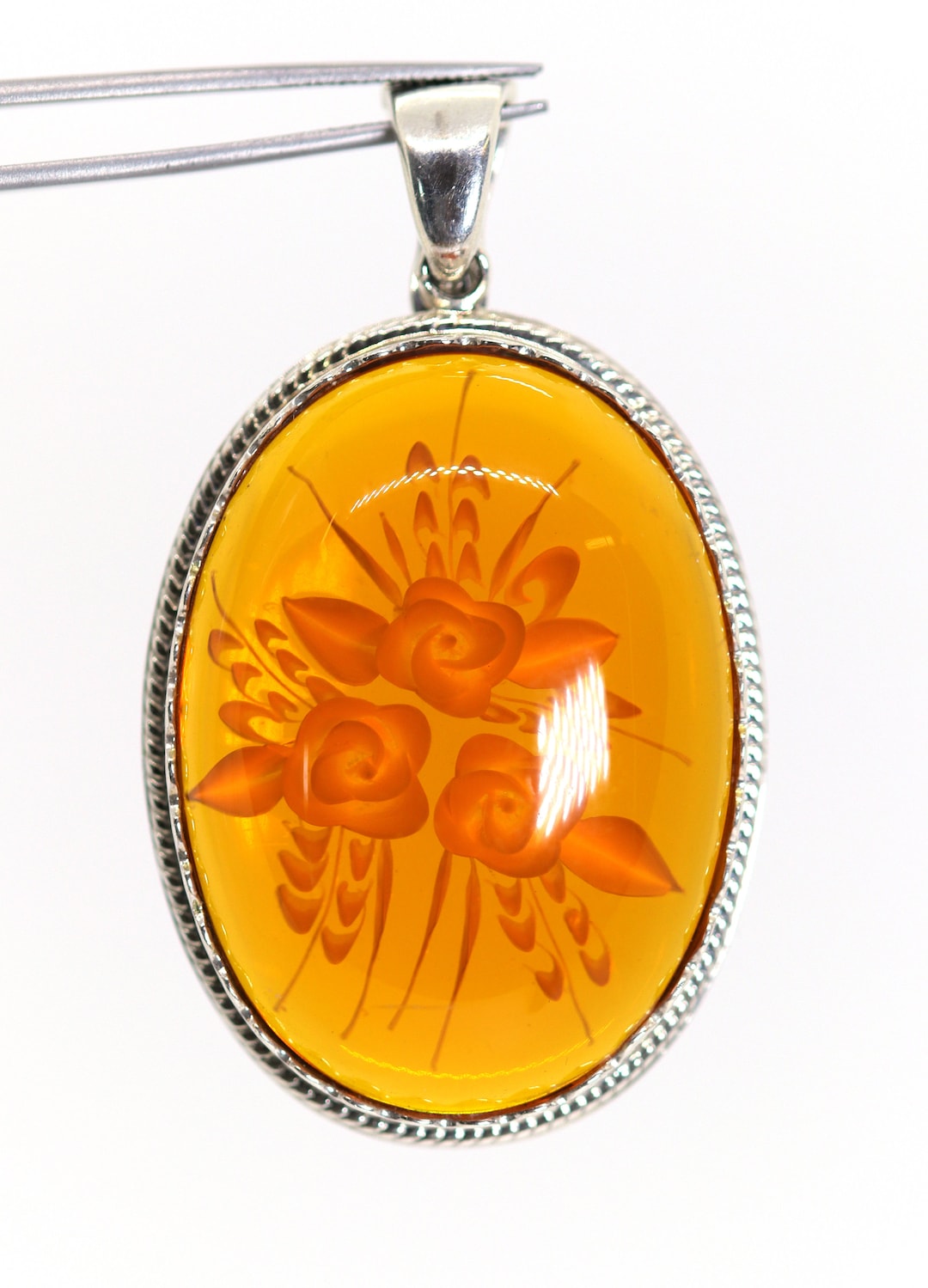 Floral Sterling Silver 925 / TAU Amber Oval Pendant Rose Engraving - Etsy