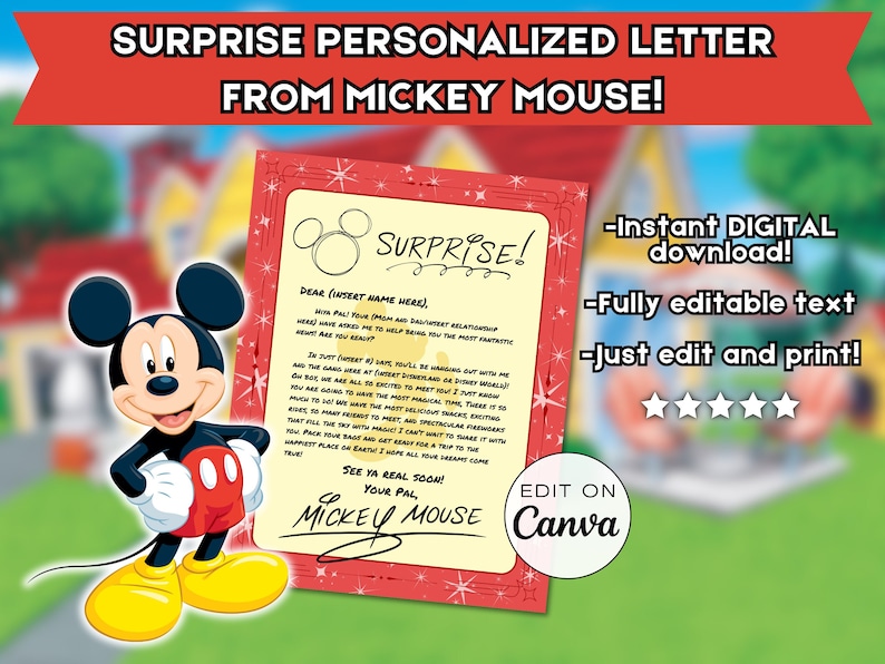 Editable Letter From Mickey, Trip Reveal, Customize and Print, Surprise ...