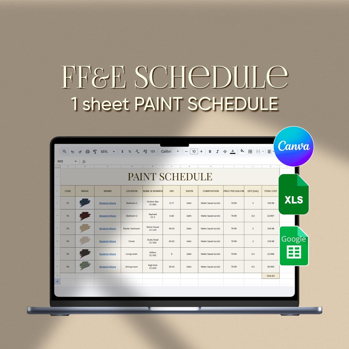Paint FF&E Schedule Template 1-page Fixtures Sheet (canva, Excel ...