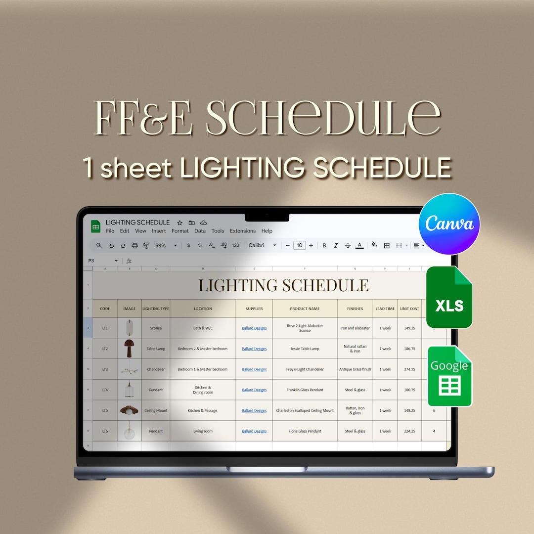Lighting FF&E Schedule Template 1-page Fixtures Sheet (canva, Excel ...