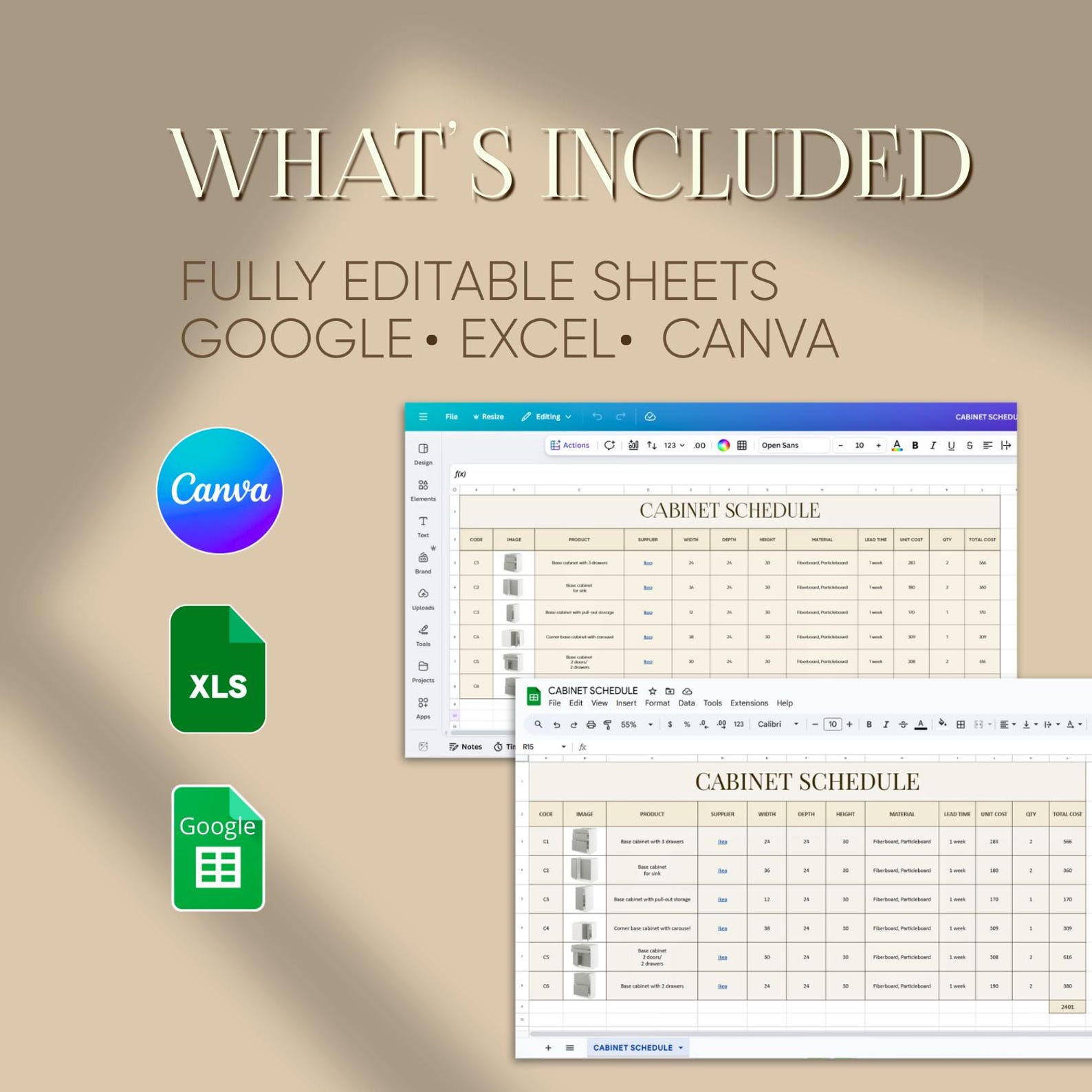 Cabinet FF&E Schedule Template 1-page Fixtures Sheet (canva, Excel ...