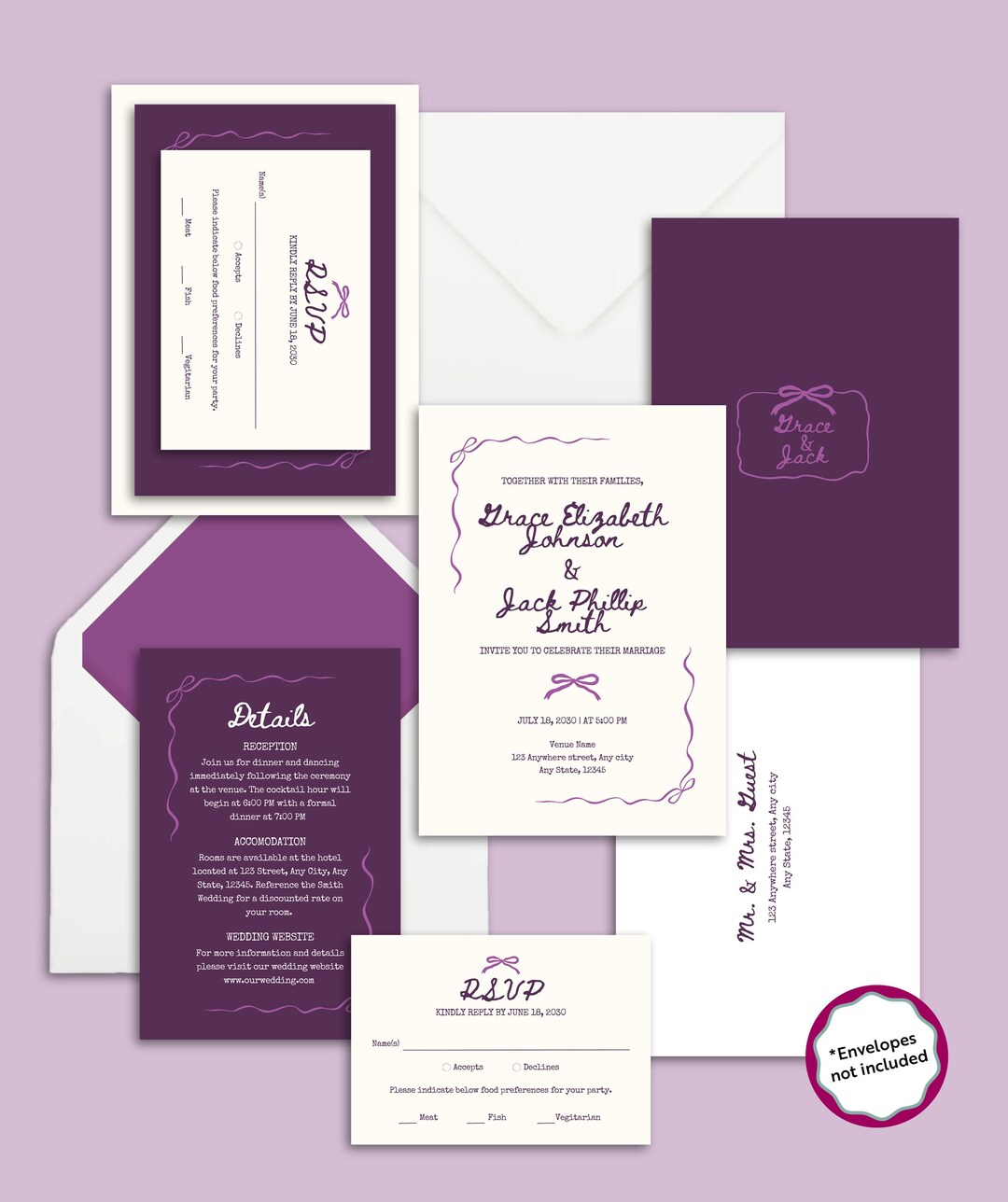 Wedding Invitation Template | Hand Drawn Bow | Handwritten Wedding ...