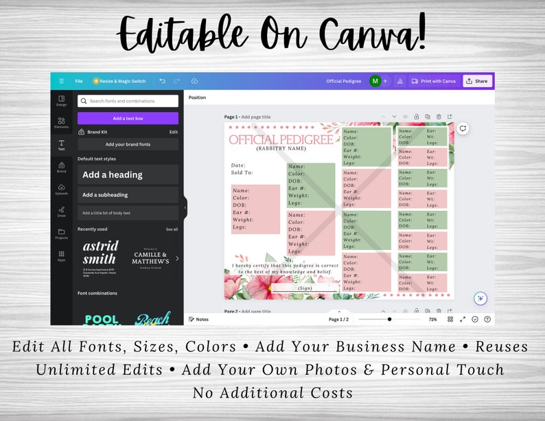 Custom Rabbit Pedigree Template | Instant Download | Editable Pedigree ...
