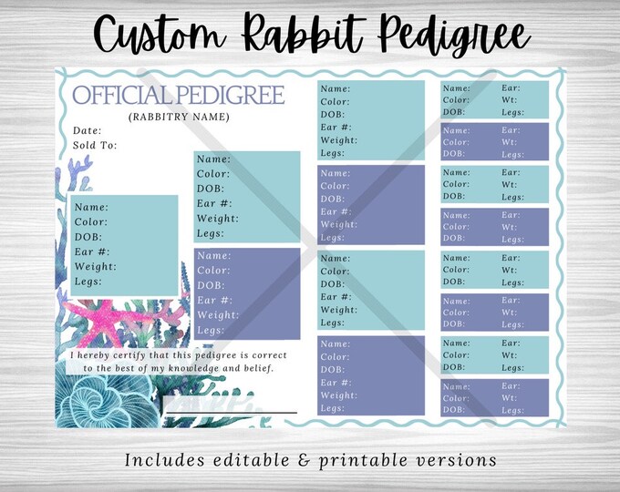 Custom Rabbit Pedigree Template Instant Download Editable Pedigree ...