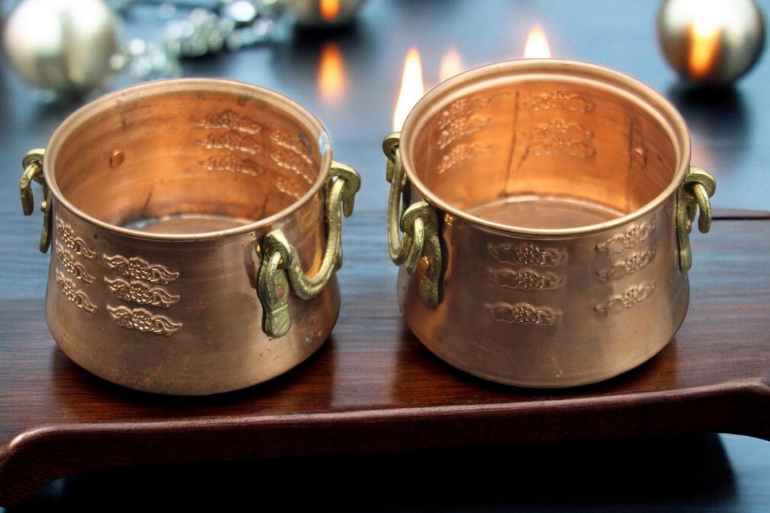 Vintage Handmade Copper Pots, Brass Handled Vintage Copper Pots, Old ...
