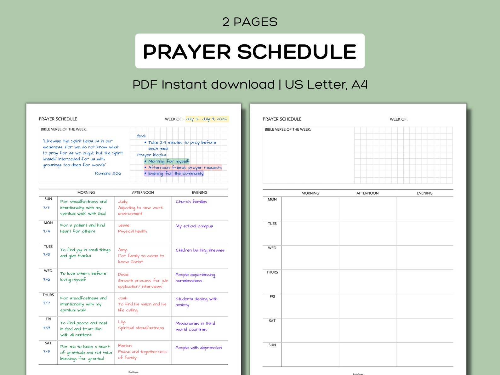 Weekly Prayer Schedule, Printable Prayer Log, Prayer Request Organizer ...