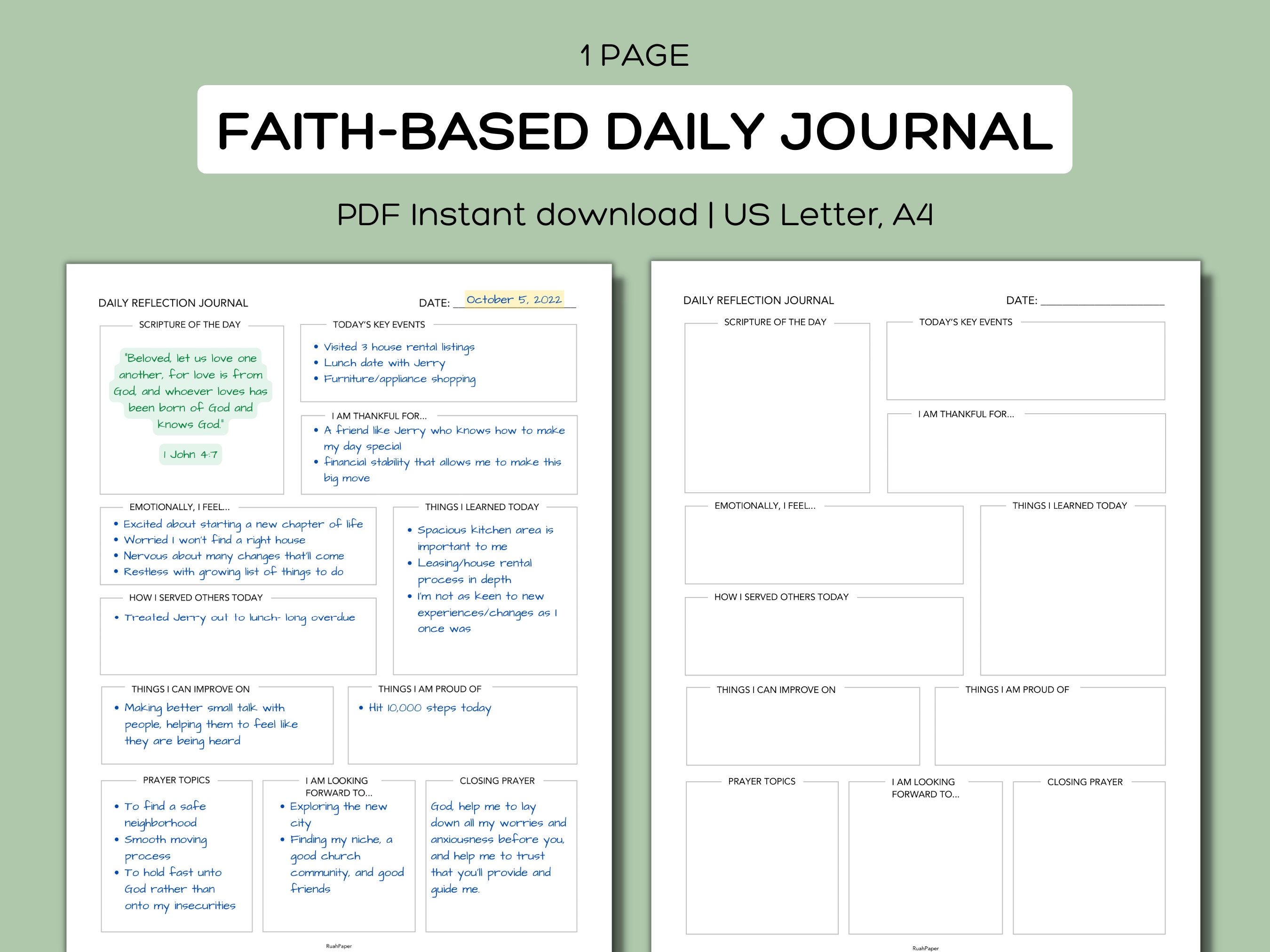 Faith Based Daily Reflection Journal, Night Time Journaling, Printable Reflection Meditation ...