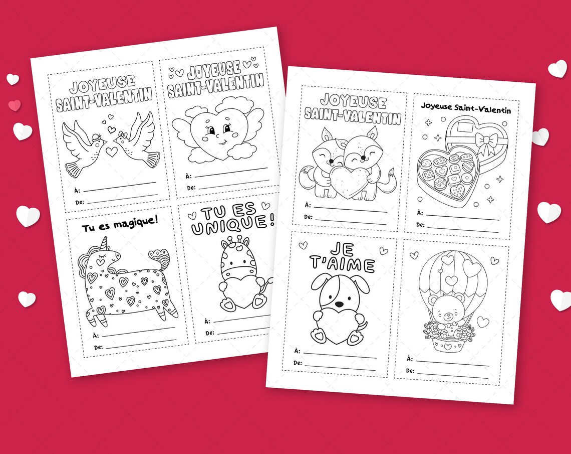 French Valentine's Day Printable Coloring Cards, Kids Valentines Cards ...