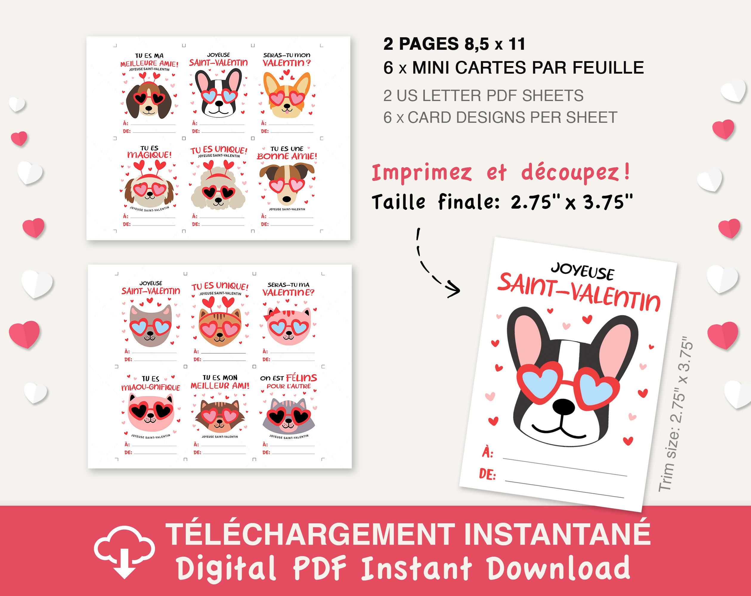 Printable Valentine's Day Cards in FRENCH, Cute Dog and Cats, French ...