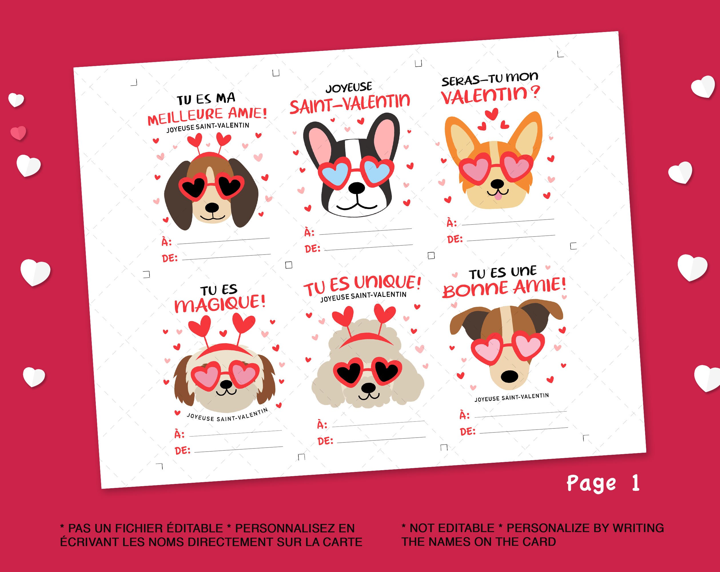 Printable Valentine's Day Cards in FRENCH, Cute Dog and Cats, French ...