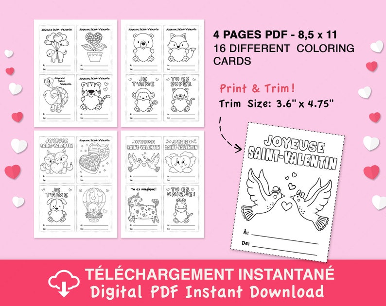 French Valentine's Day Printable Coloring Cards, Kids Valentines Cards ...