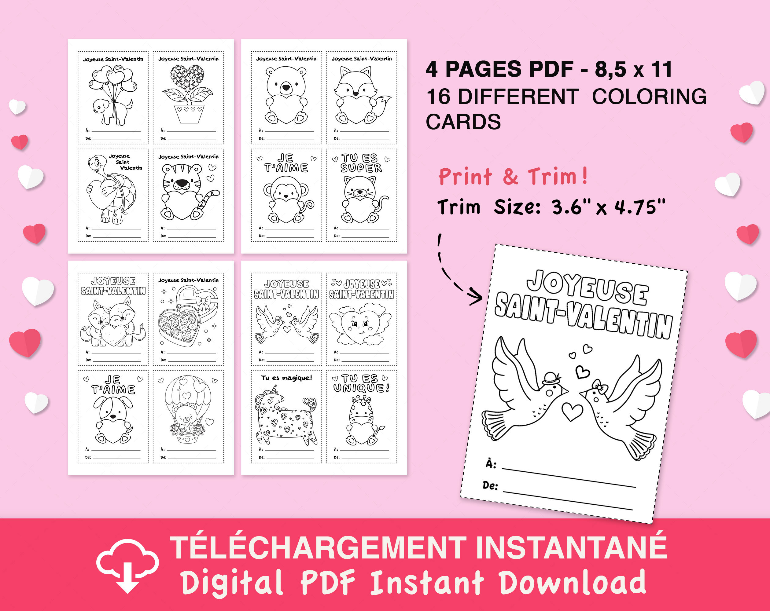 French Valentine's Day Printable Coloring Cards, Kids Valentines Cards ...