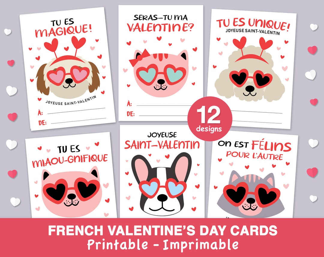 Printable Valentine's Day Cards in FRENCH, Cute Dog and Cats, French ...