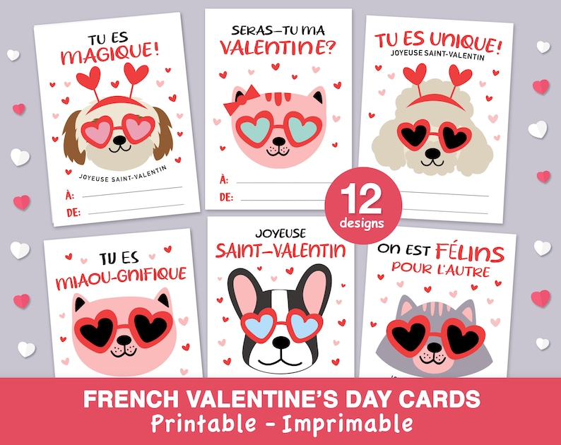 Printable Valentine's Day Cards in FRENCH, Cute Dog and Cats, French ...
