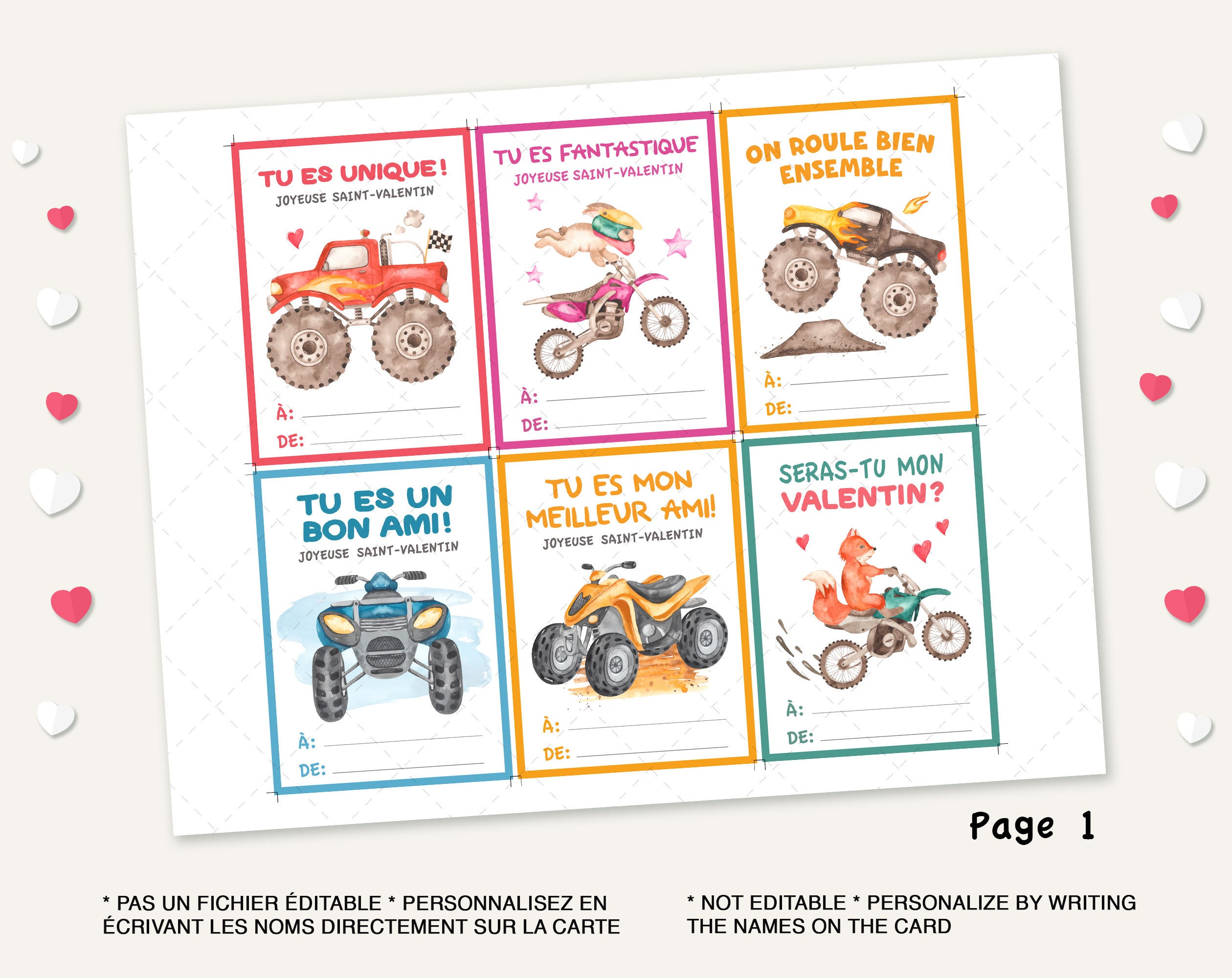 French Valentine's Day Printable Kids Cards, Monster Trucks, Motorcycle ...