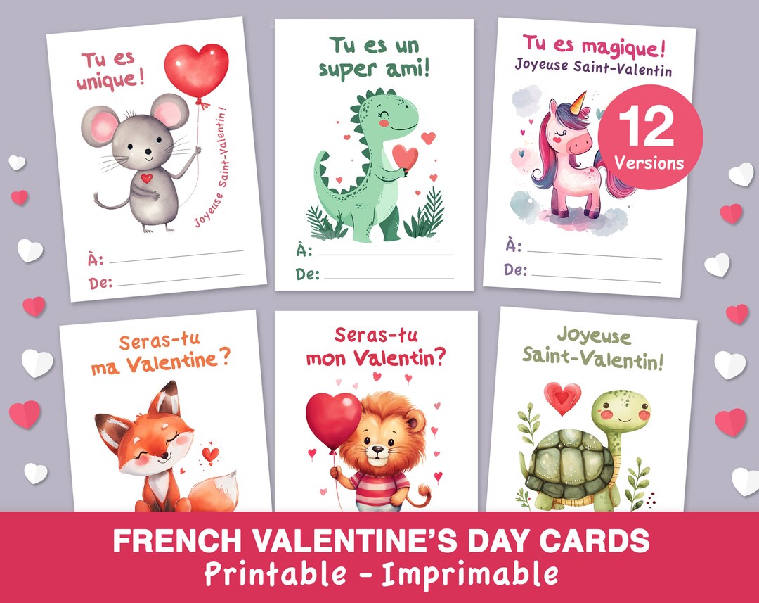 Printable Valentine's Day Cards in FRENCH, Mini Animal Valentine's Day ...
